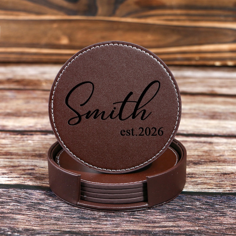 Custom Leather 5 Pcs Round Coaster Set,personalized Coasters,wedding ...
