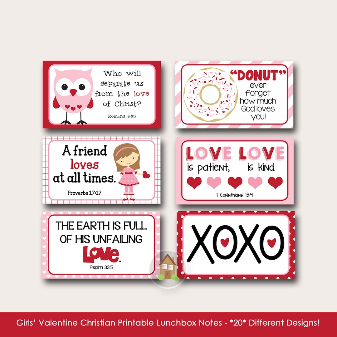 Valentine Lunch Box Notes for Girls With Scripture Verses, Printable ...
