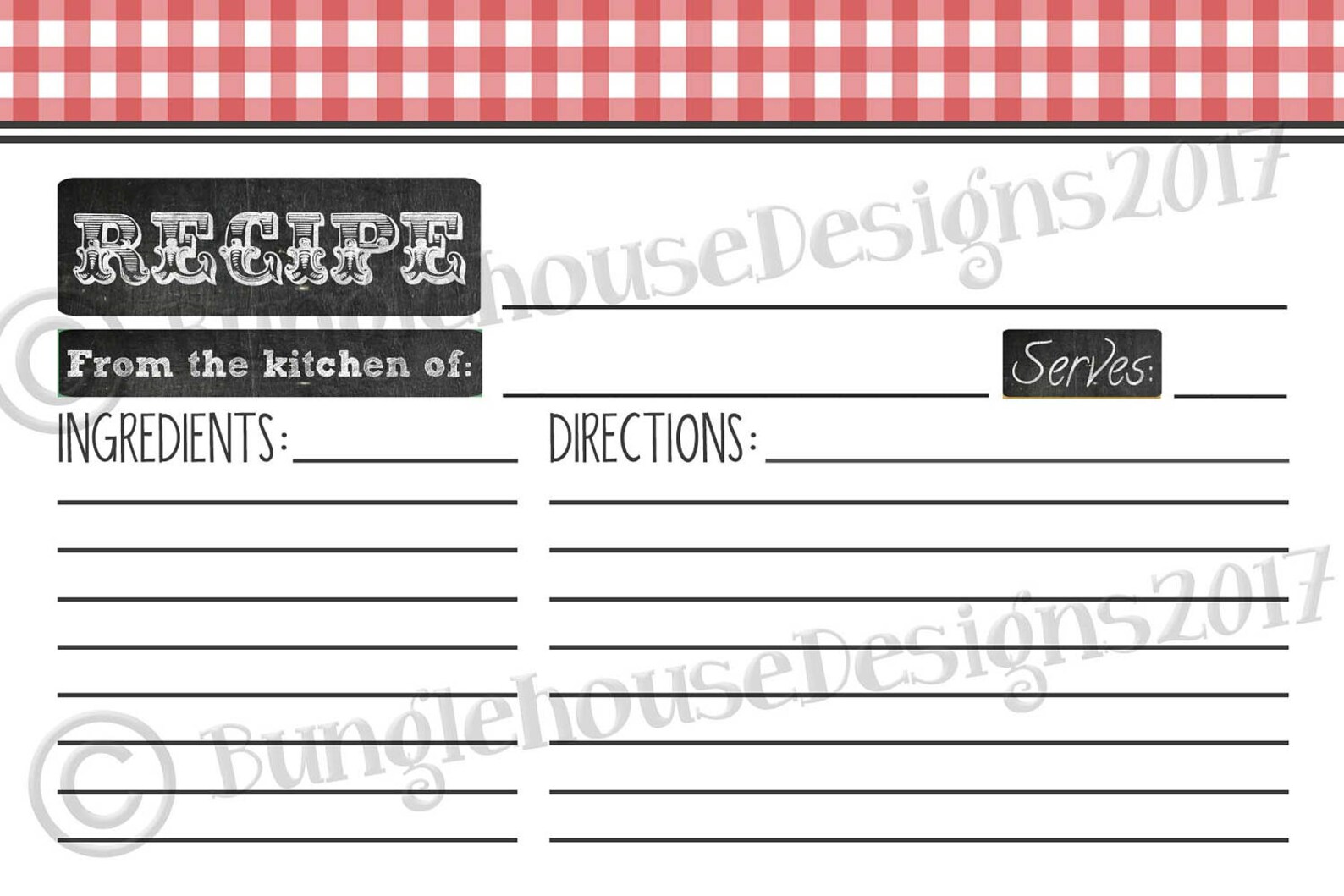 Printable Recipe Card | Gingham Chalkboard Recipe | Instant Download ...