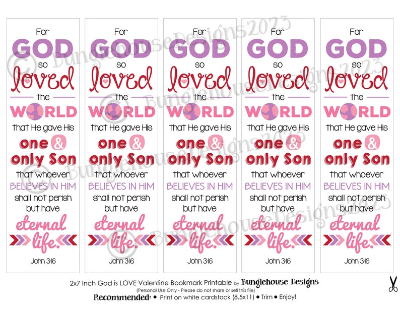 John 3:16 Printable Valentines Bookmark, Valentine's Day Religious ...