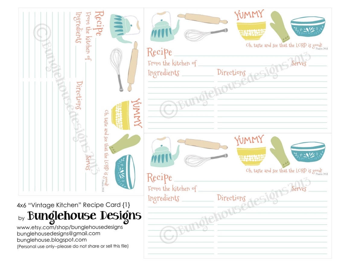 Instant Download Recipe Card With Bible Verse | Vintage Retro Kitchen ...