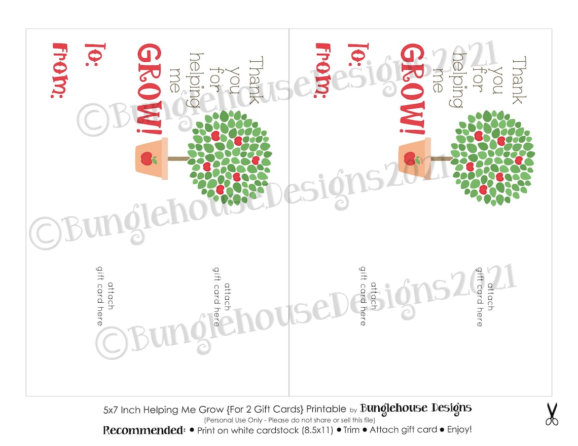 Thank You for Helping Me Grow | Printable Gift Card Holder That Holds 2 ...