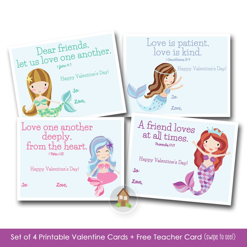 Mermaid Valentines Girls Valentine Cards Friend Valentine - Etsy