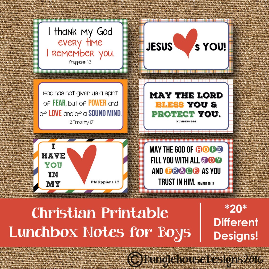 Printable Lunch Notes for Boys | Bible Verse Encouragement Cards for ...