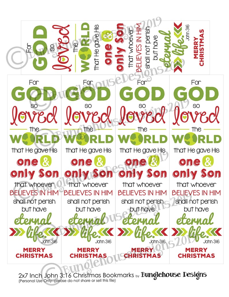 John 3:16 Christmas Bookmark Printable Scripture Christmas | Etsy