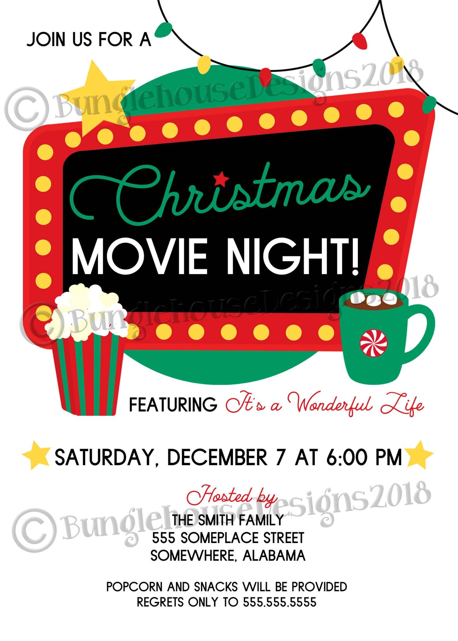 Christmas Movie Night Invitation Holiday Film Invite Cute | Etsy