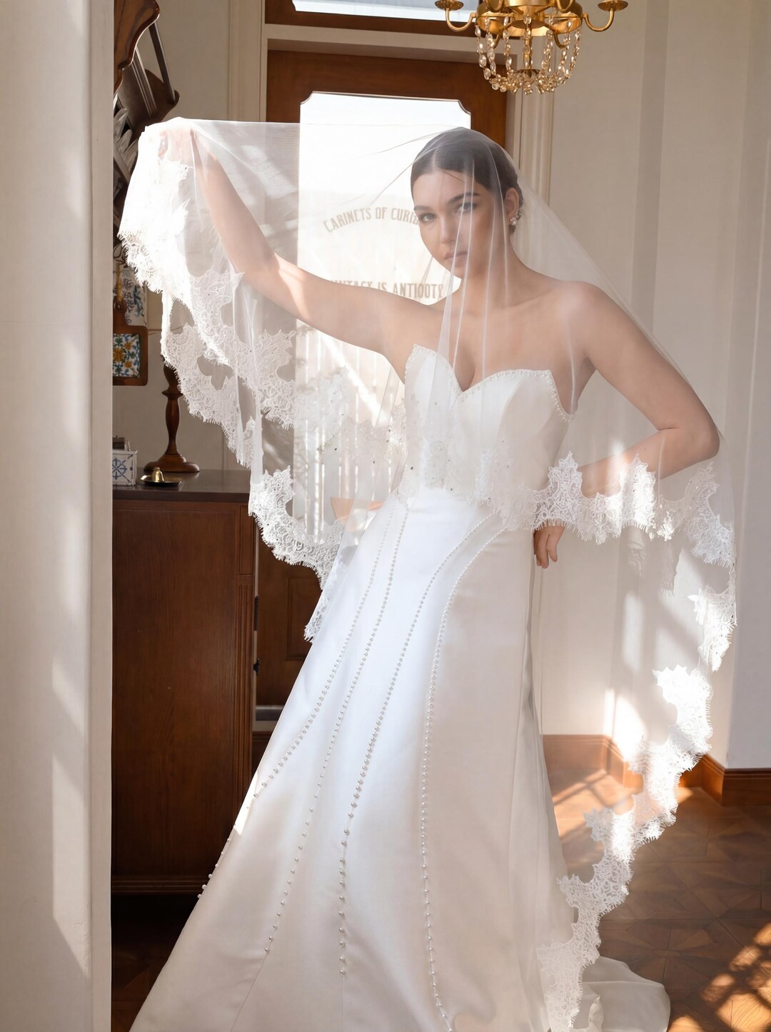 Mantilla Wedding Veil With Pearl Lace Edge | Elegant Spanish Bridal ...