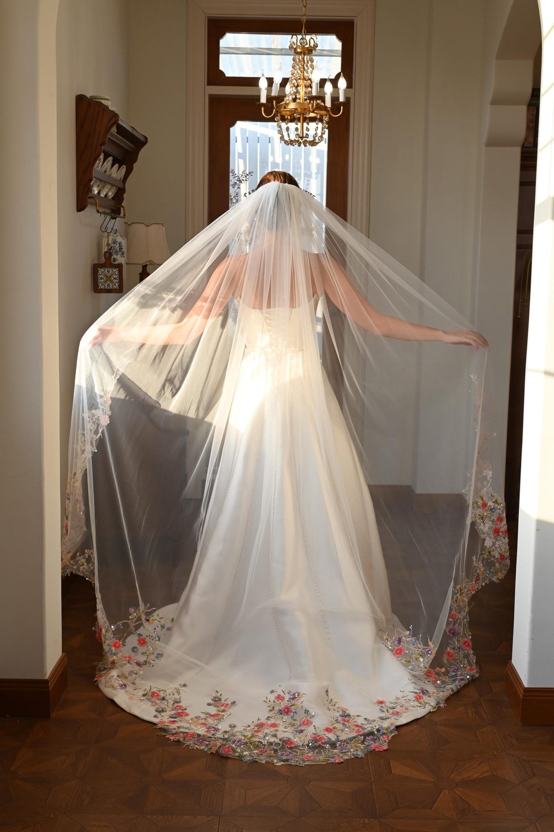 Colorful Floral Embroidery Cathedral Wedding Veil | Pastel Sequin Edge ...