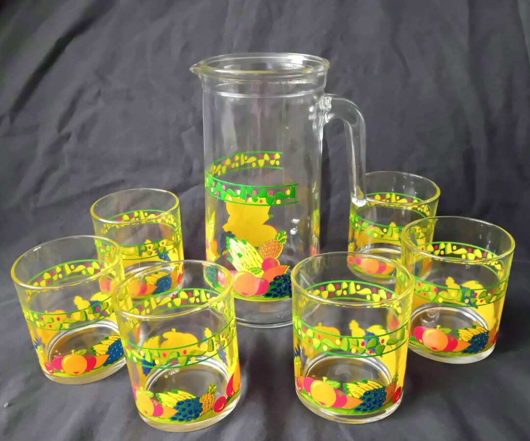 Lemonade Set: Colorful Fruit Design Pitcher and Glasses (made in Italy ...