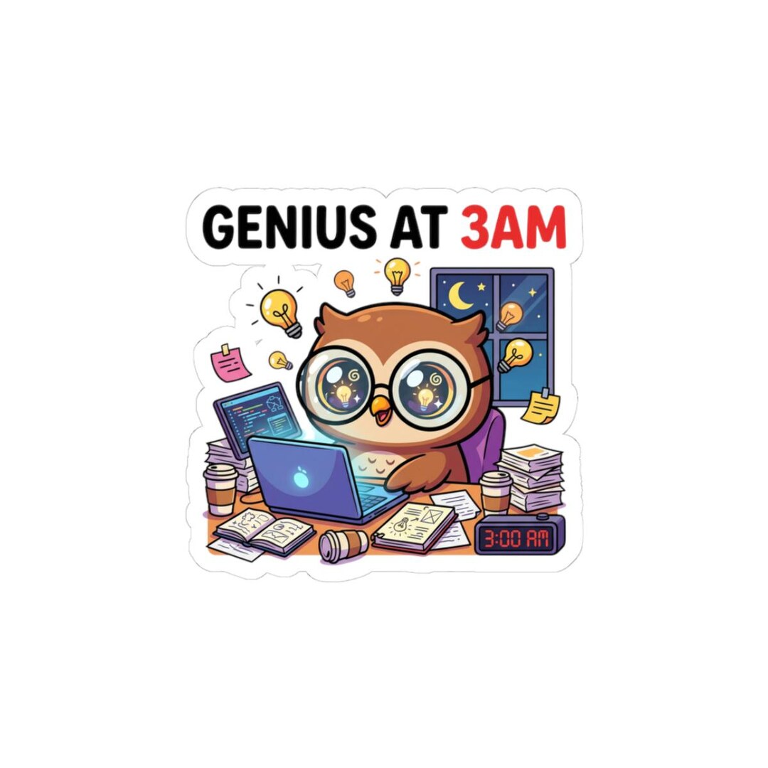 Genius at 3AM Owl Sticker, Funny Designer Meme, Night Owl Creator Gift ...