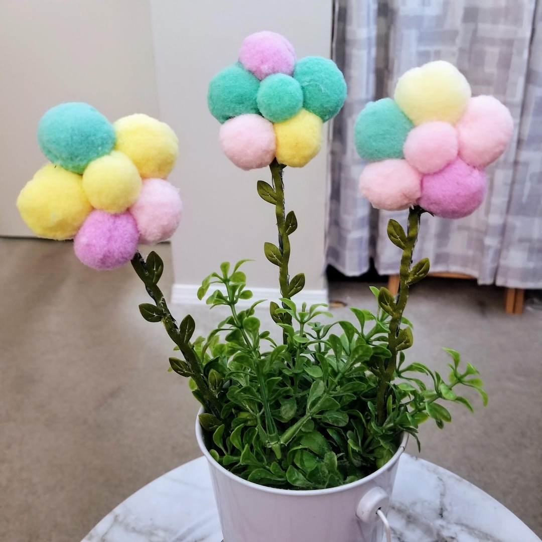 Pastel Flower Bouquet, Pom Pom Flowers, Faux Flower Stems, Pastel Pom ...