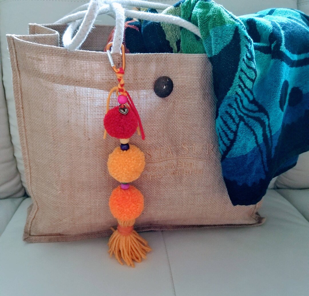 Pom Pom Bag Charm, Beach Bag Accessories, Boho Keychain, Boho Bag Charm ...