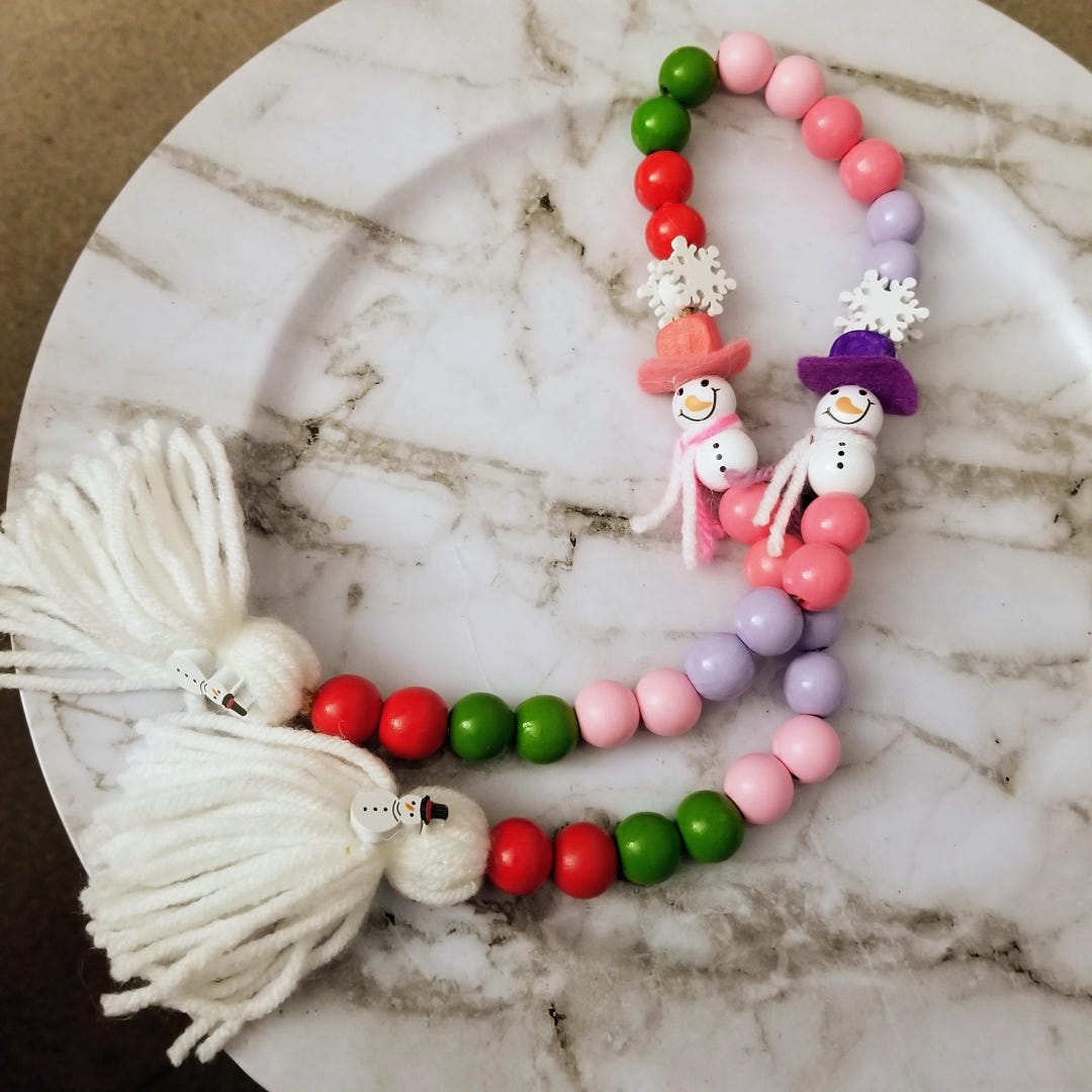 Snowman Garland, Wood Bead Garland, Winter Garland, Snowman Tiered Tray ...