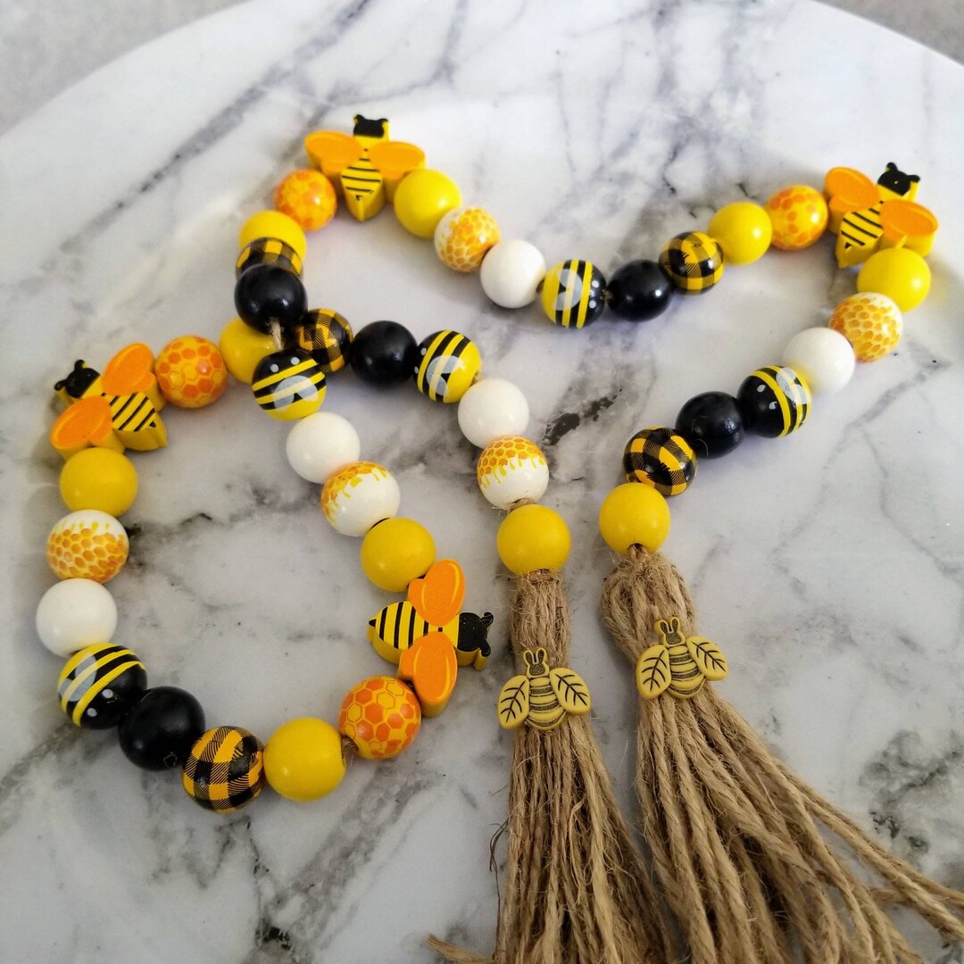 Bee Garland, Bee Tiered Tray Decor, Wood Bead Garland, Bee Decorations ...