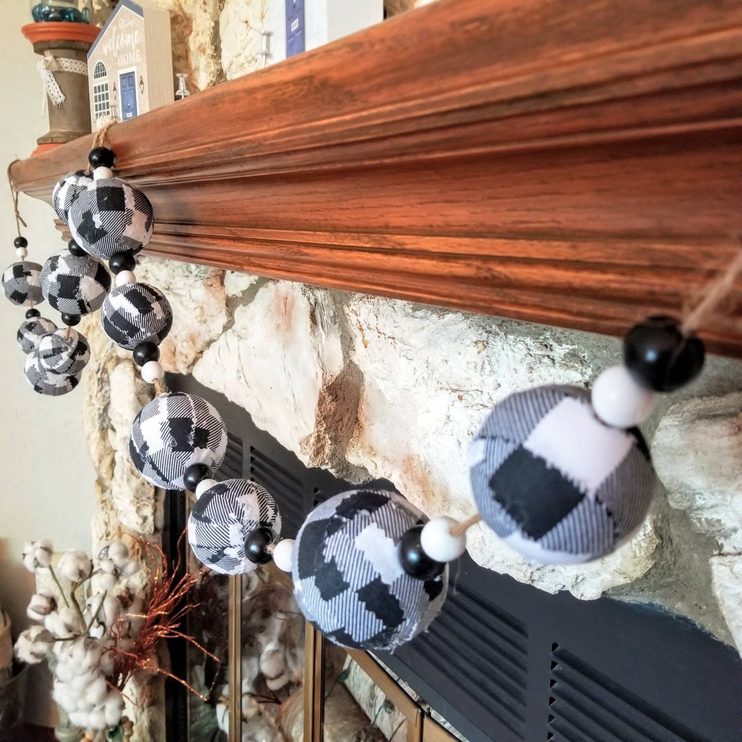 Ball Garland, Black and White Garland, Farmhouse Garland, Buffalo Check ...