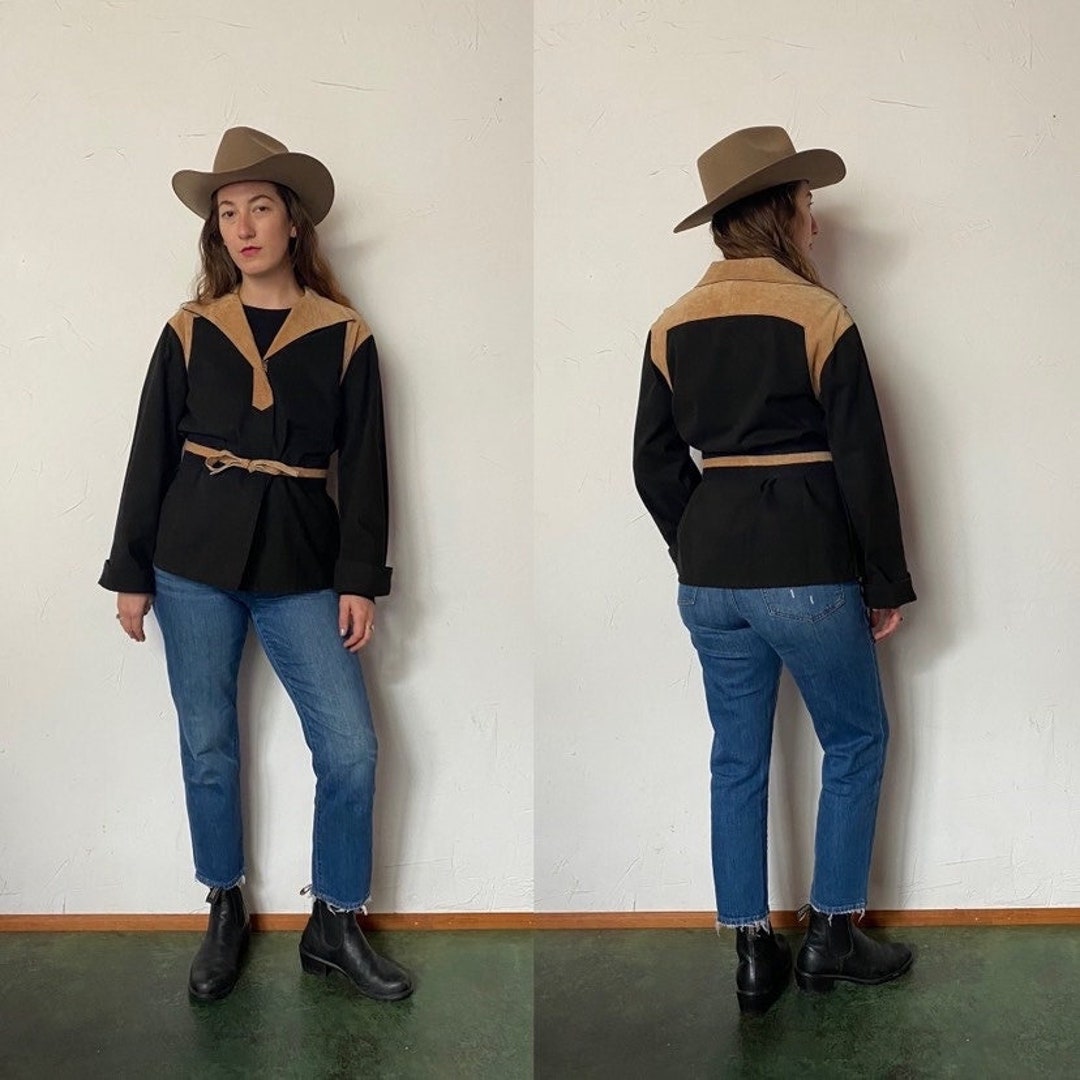1970s Roncelli Black & Tan Blocked Suede Jacket or Blouse With Tie Belt ...