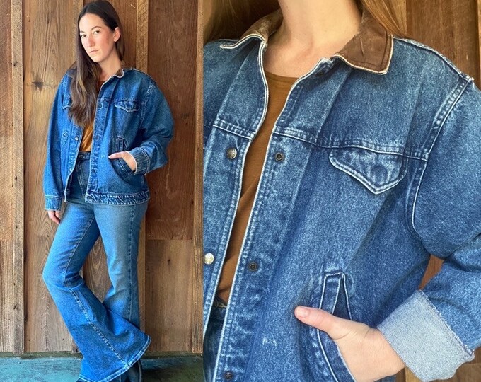 1980s Woolrich Woman Denim Jacket With Brown Leather Collar - Etsy