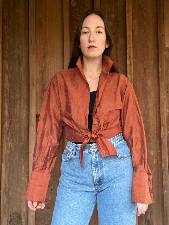 1980s copper silk blouse with black bodysuit attachme… - Gem