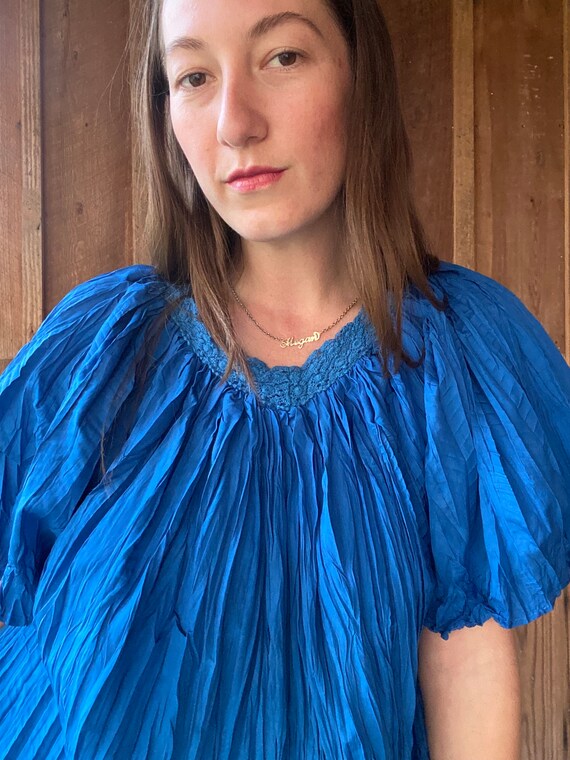 90s cobalt blue crinkle mumu with crochet collar - Gem
