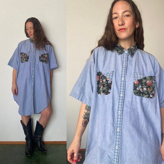 80s-90s boxy denim shirt dress with floral accents - Gem