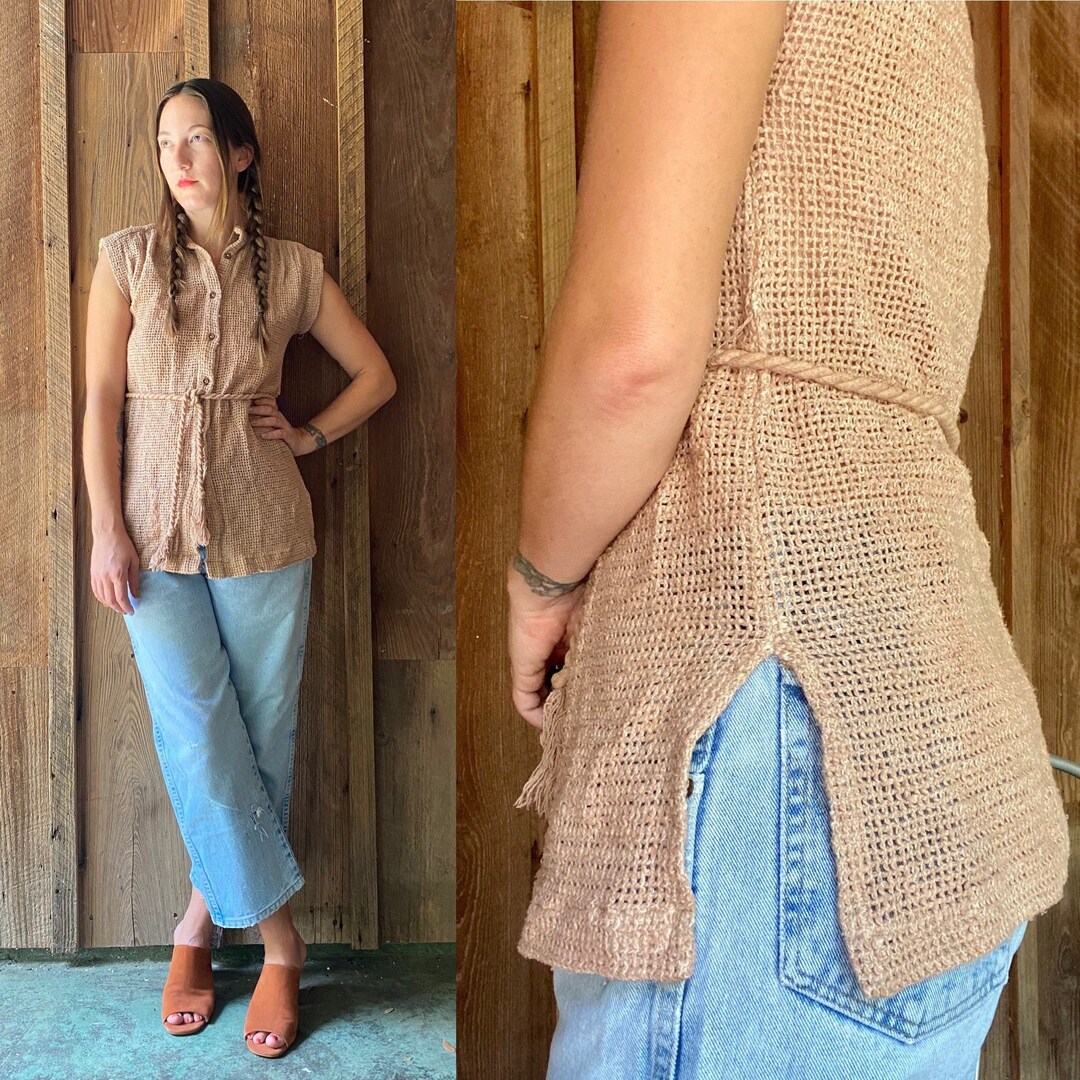 1970s Avocado Dyed Open Square Weave Sleeveless Tunic With Rope Belt by ...