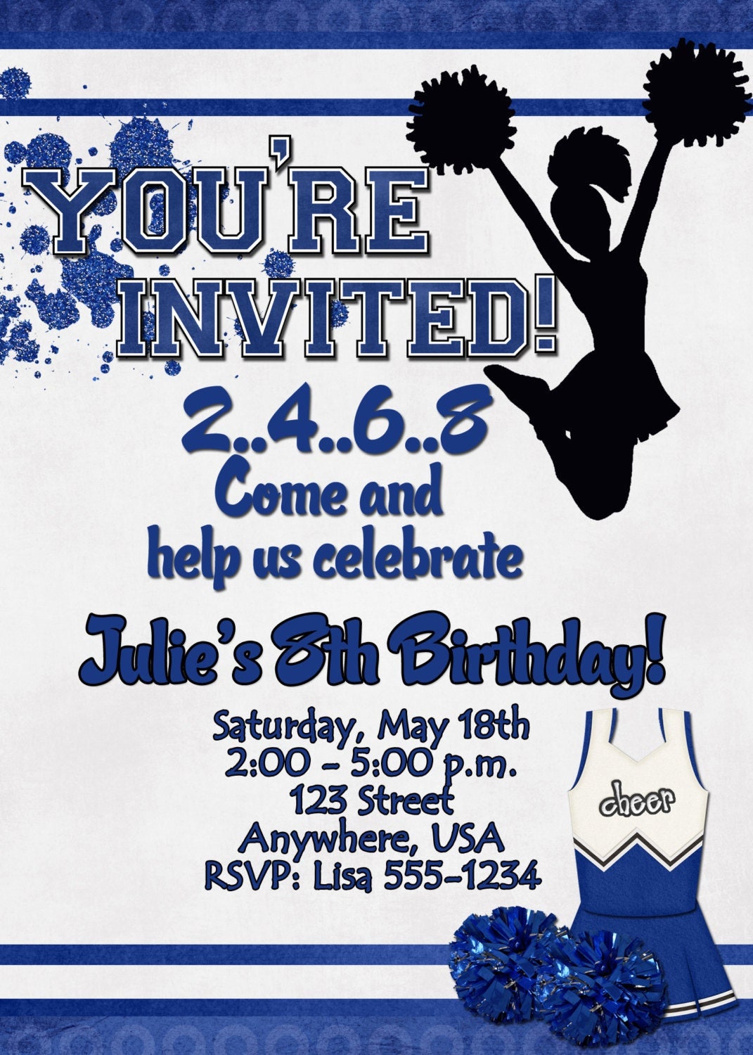 Cheerleader Birthday Party Invitations Printable Cheerleader Invites ...