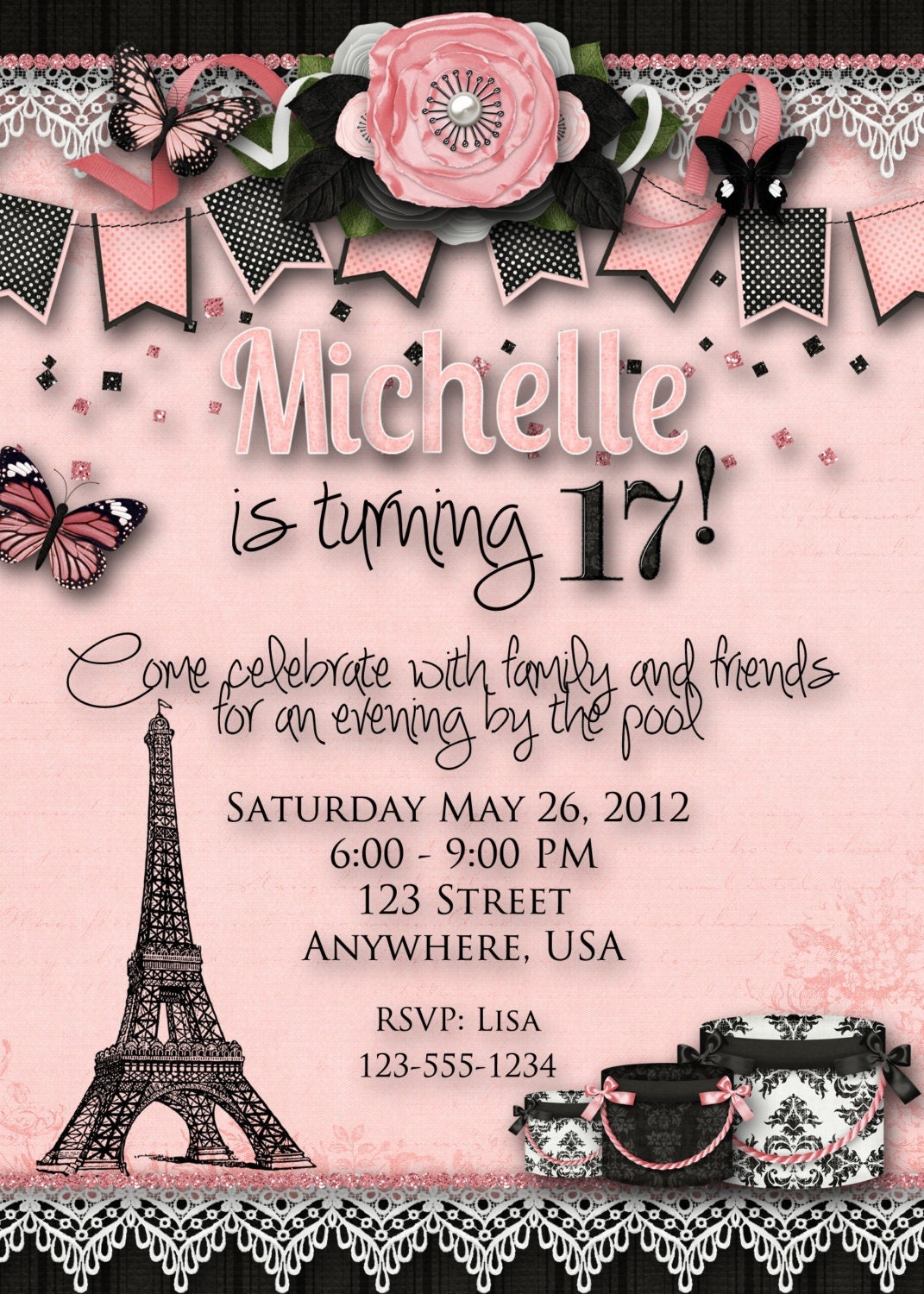 Paris Theme Birthday Party Invitation, Paris Birthday Invitation - Etsy
