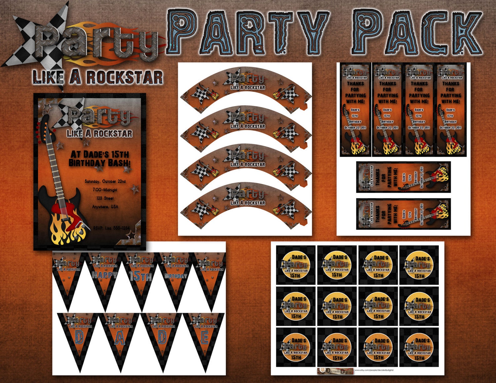 Rock Star Birthday Party Pack - Invitation, Banner, Cupcake Wrappers ...