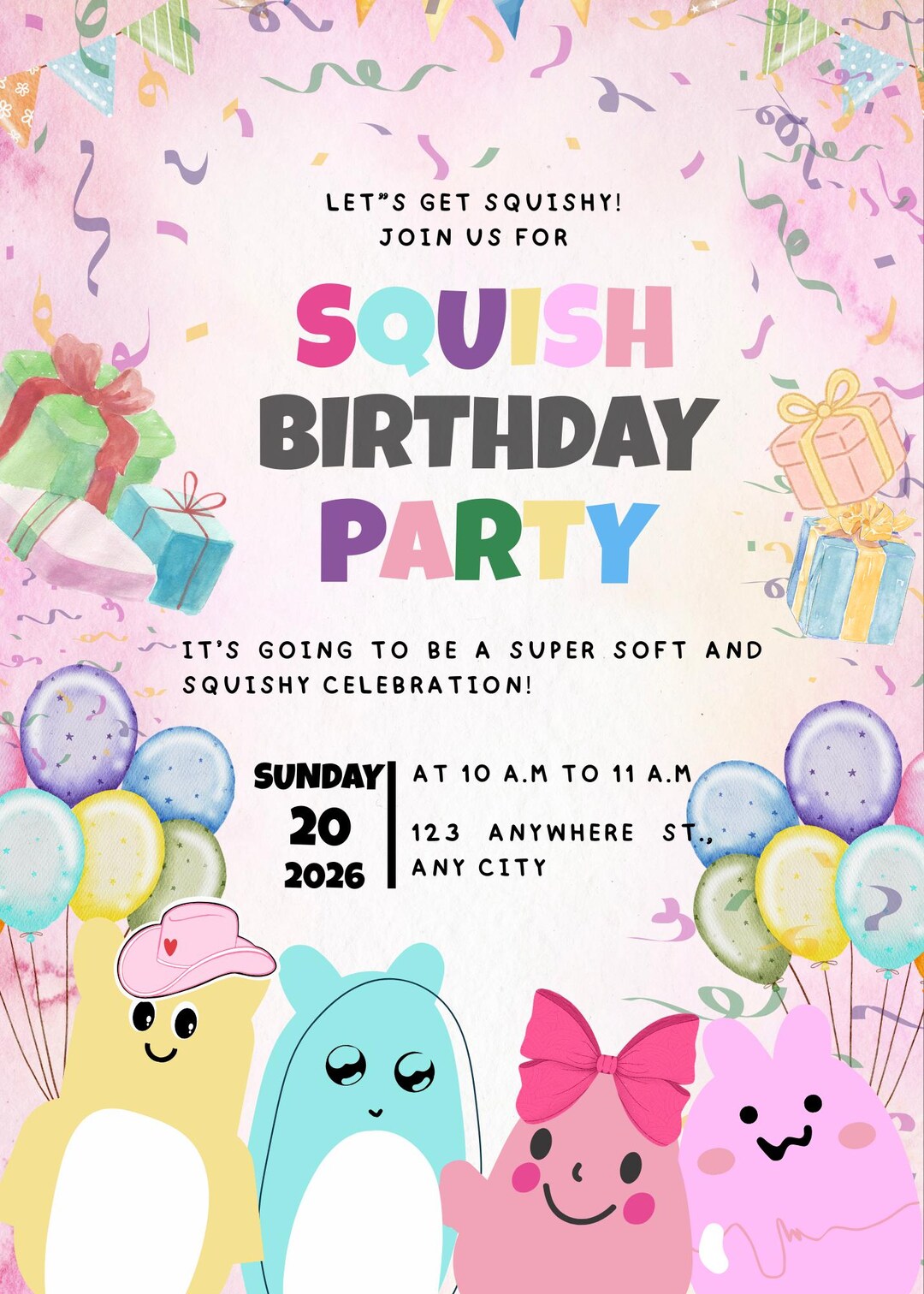 Squishmallow Party Template, Editable Canva Kids Birthday Card Download ...