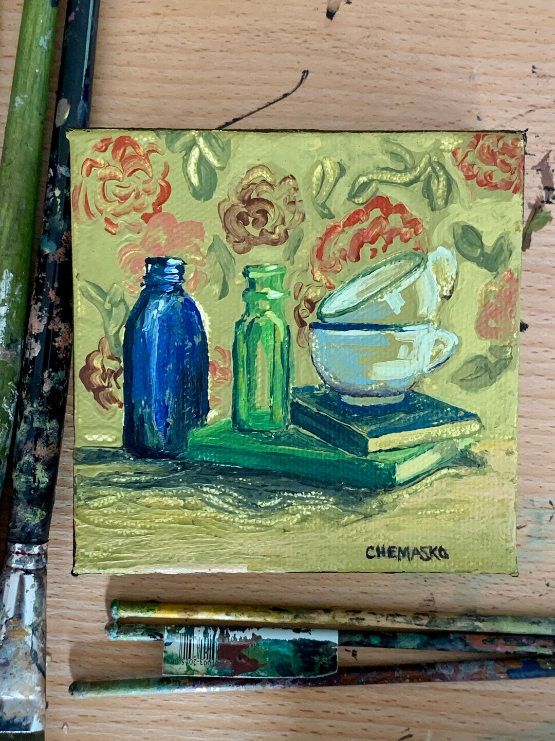 Two by Two, One Green, One Blue. 4x4 Inch Small Still Life Painting ...