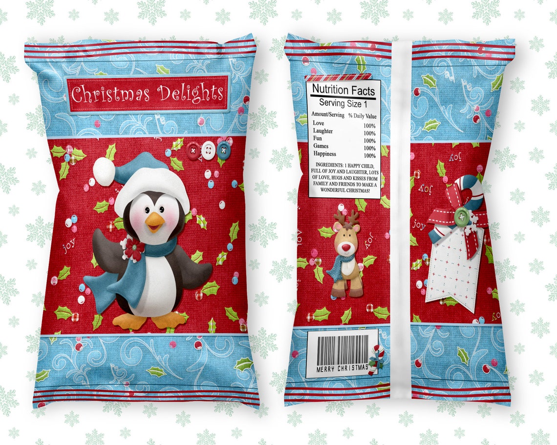 Printable Digital Holiday Penguin Chip Bag - Treat Bag - Penguin Chip ...