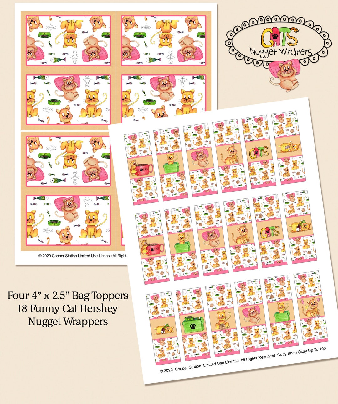 Digital Printable Funny Cats Nugget Candy Wrappers and Bag Toppers ...