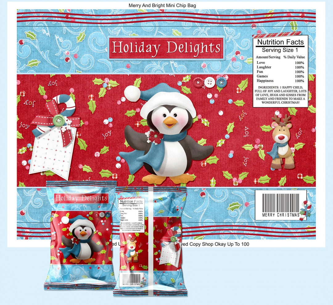 Printable Digital Holiday Penguin Chip Bag - Treat Bag - Penguin Chip ...