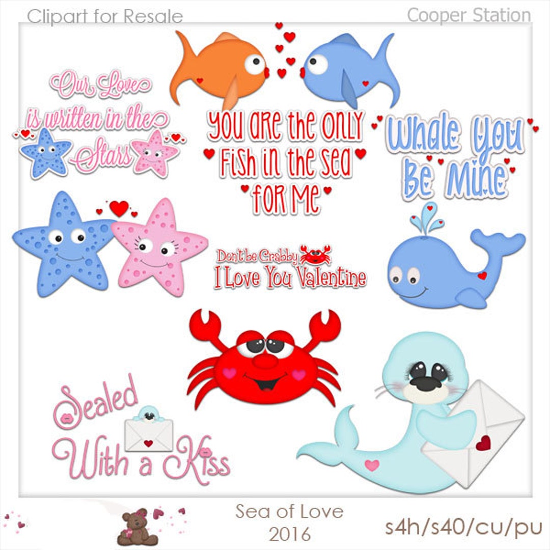 Clipart - Valentine Clipart - Fish - Whale - Crab - Kristi W Designs - Etsy