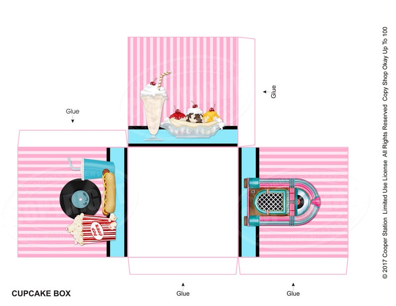 Digital Printable Cupcake Box Retro 50's Theme - Party Favor - Gift Box ...