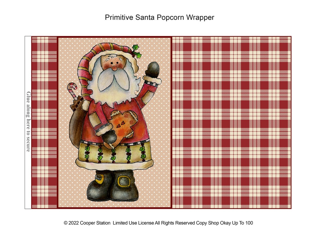 Digital Printable Primitive Style Santa Popcorn Wrapper - Santa ...