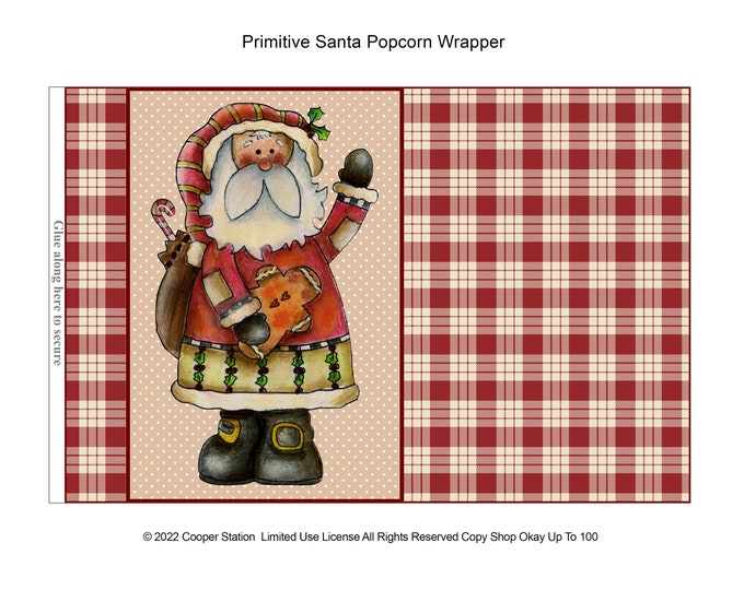 Digital Printable Primitive Style Santa Popcorn Wrapper - Santa ...