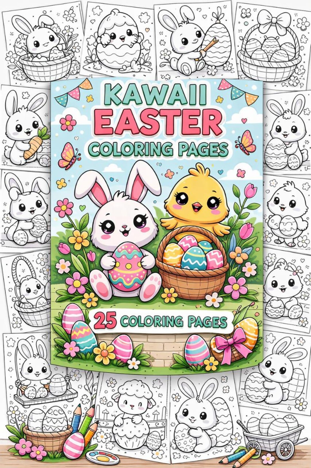 Kawaii Easter Coloring Pages for Kids | 25 Printable Bunny Egg Chick ...