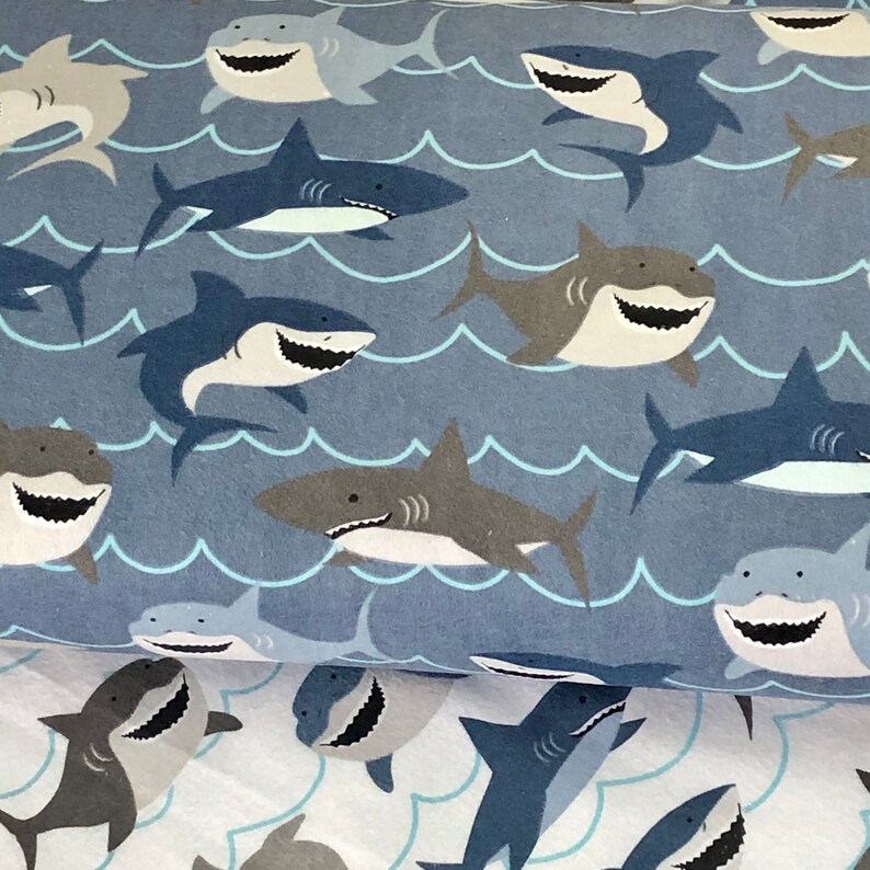 Sharks swimming flannel fabric 1 yard blue white gray ocean | Etsy