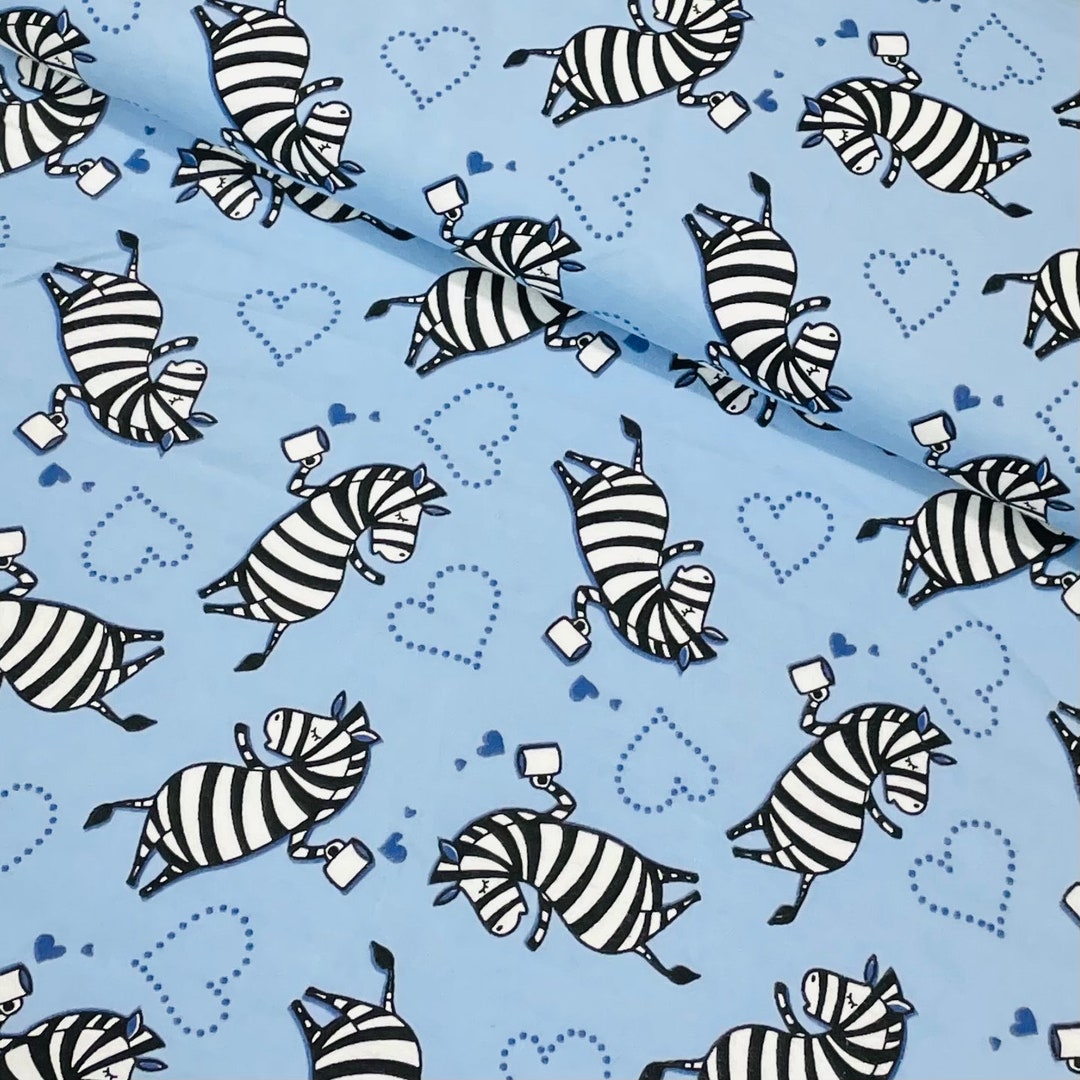 Zebra Jungle Animal Flannel, Blue Black White Fabric, Blue Hearts ...