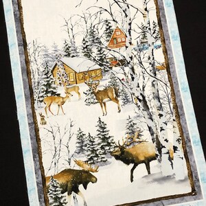 Snowy Woods Fabric Panel, Pine Tree Cabins Winter Woodland Fabric, by ...
