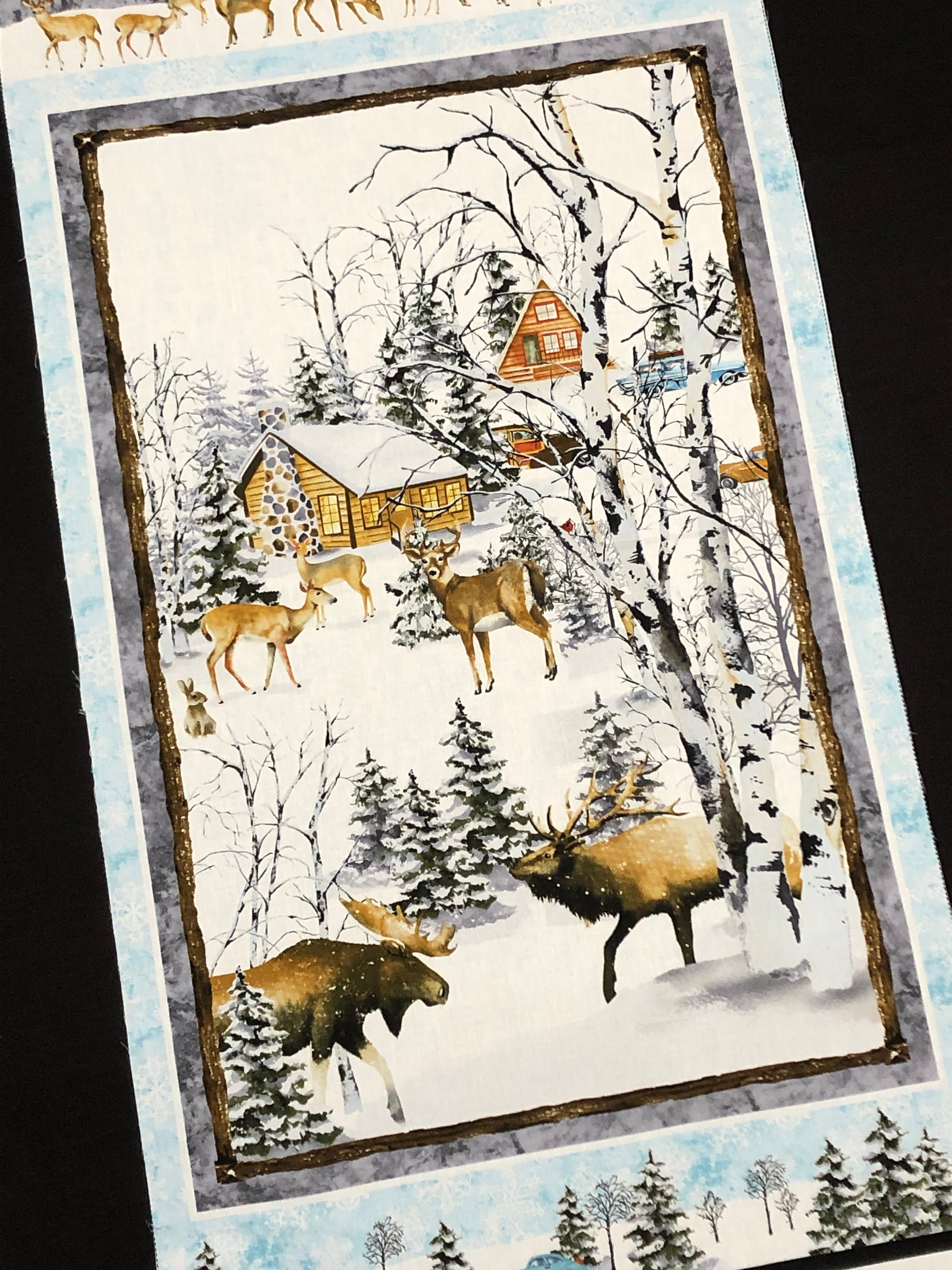 Snowy Woods Fabric Panel Pine Tree Cabins Winter Woodland | Etsy