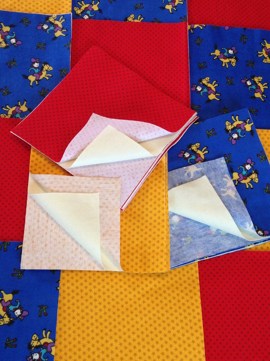75 Cowboy Rodeo Pre Cut Rag Quilt Kit 8" Squares Blocks, Blue Red ...