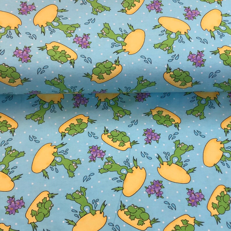 Frog Flannel Fabric, Teal Green, Purple Periwinkle, Yellow Lily Pads ...