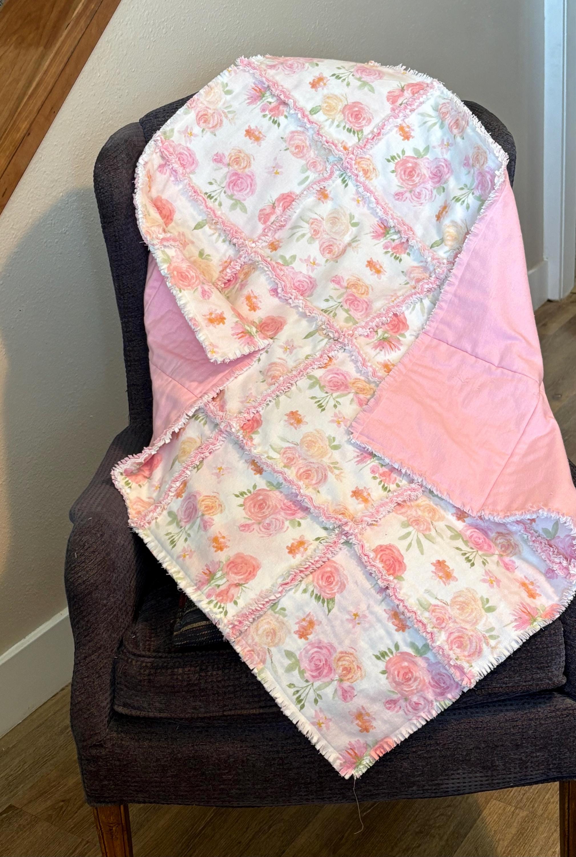 Rose Pink Coral, Vine Flowers, NO CUT Rag Quilt Kit- DIY Floral Flannel ...