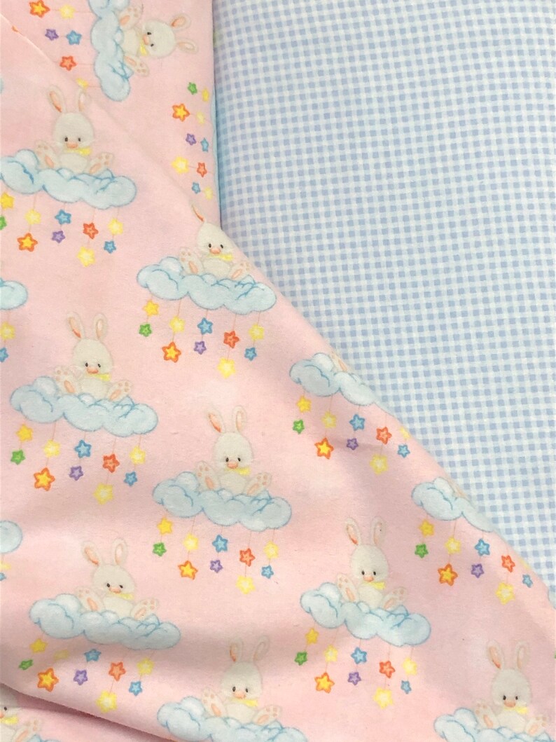 Bunny Rabbit pink flannel floating on white clouds yellow | Etsy