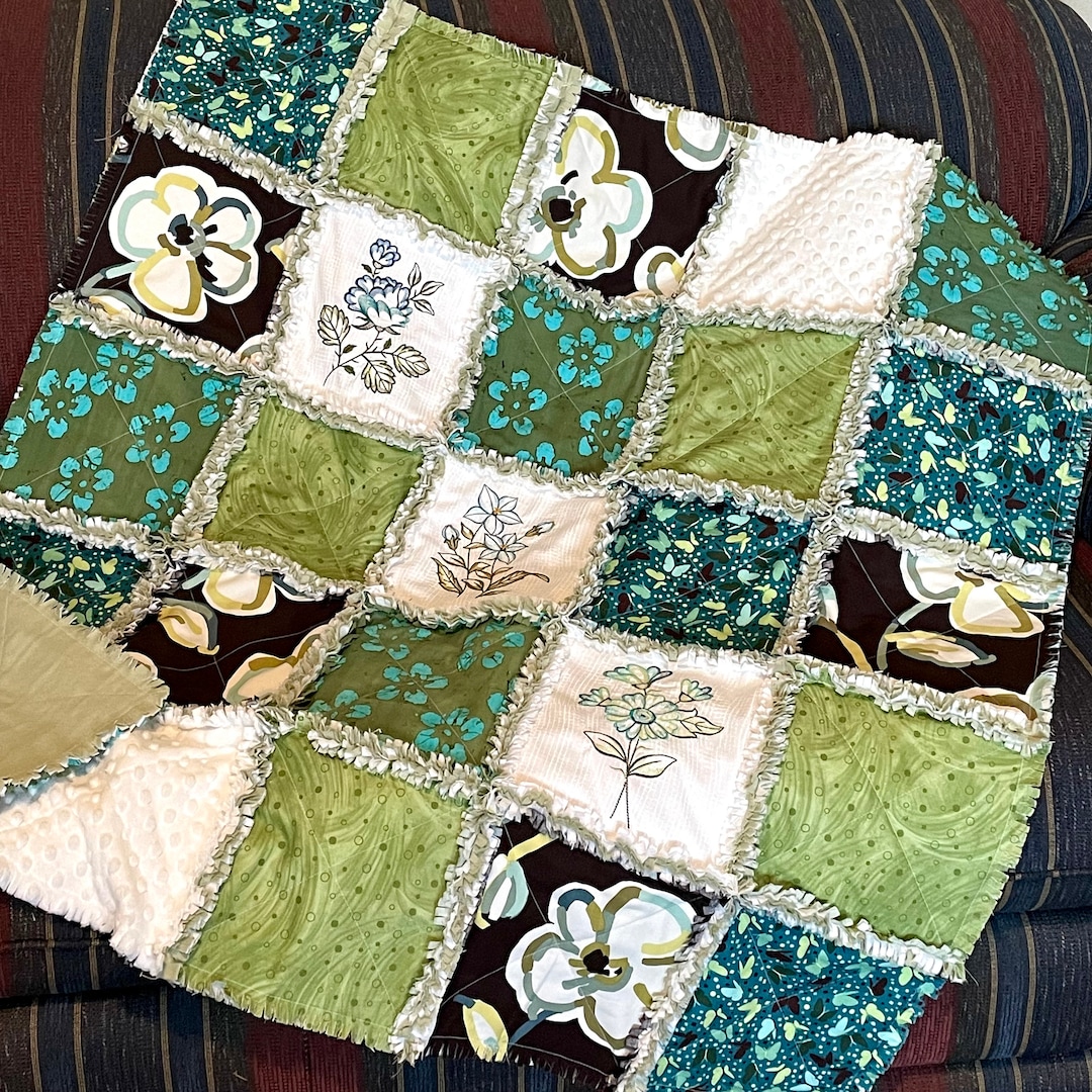 Floral Flower Rag Quilt or Kit Pre Cut -3 Layers, Embroidered Flowers ...