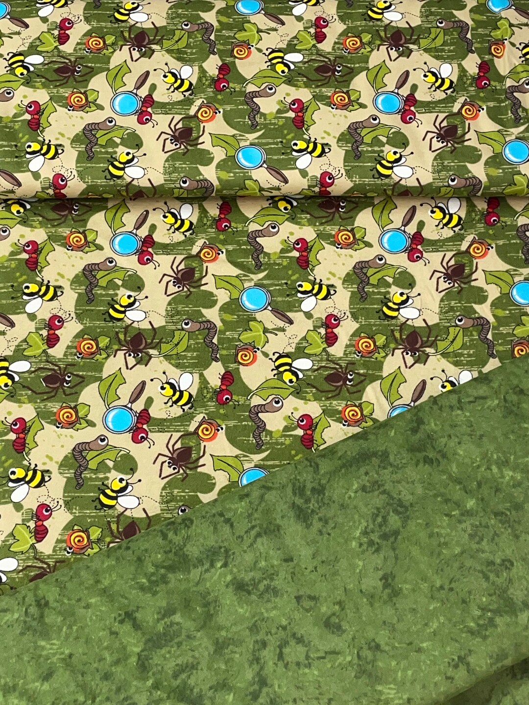 Ants Spider Snails Bee, Camouflaged Green Beige Flannel Fabric, Cotton ...