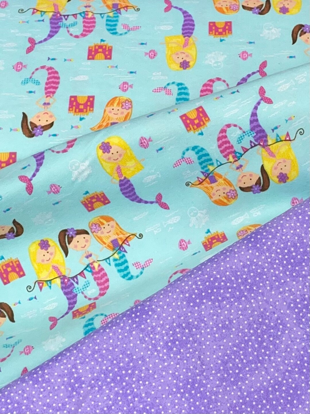 Mermaid Flannel Fabric, Fish Ocean Sea, Aqua Blue Pink Girl Blanket ...