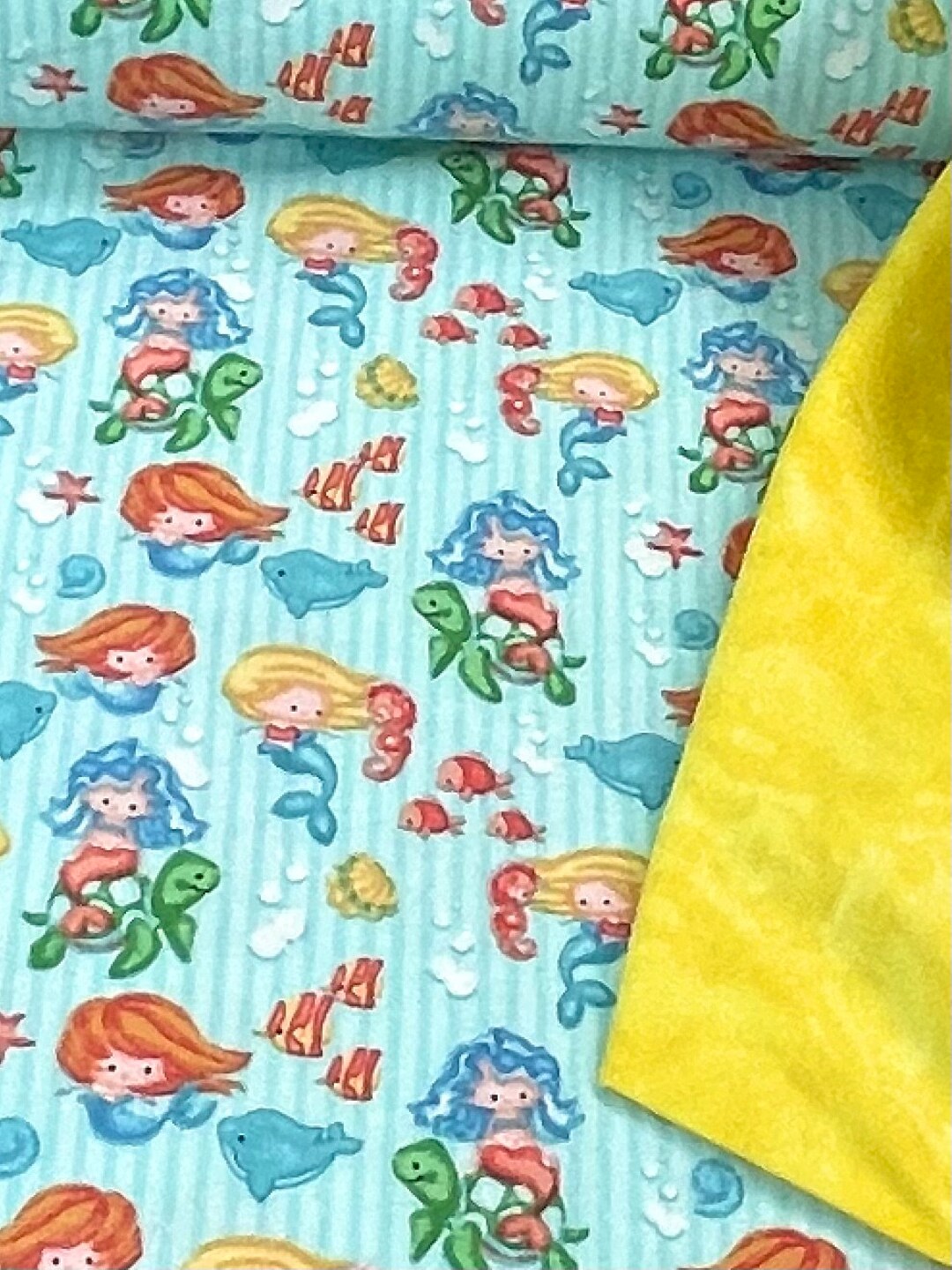Mermaid and Sea Life Friends Turquoise Comfy Cotton FLANNEL Fabric, A E ...